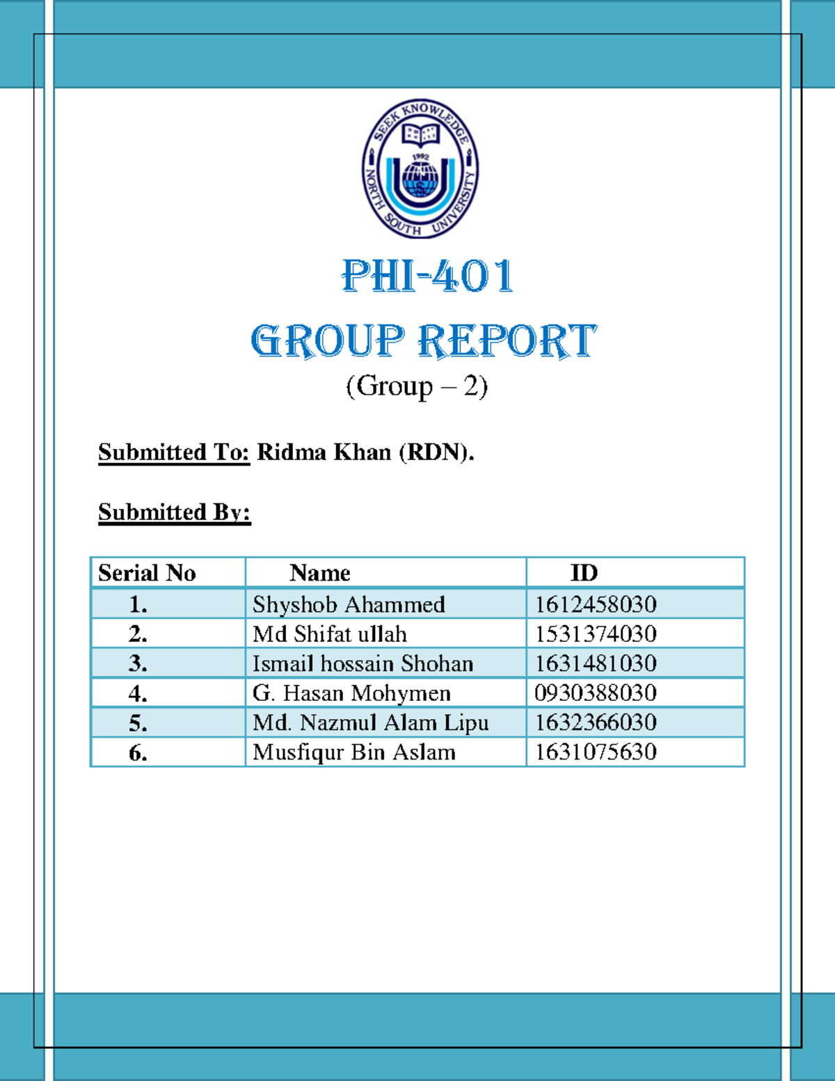 PHI Group Report-sample - PHI- Group Report (Group – 2) Submitted To ...