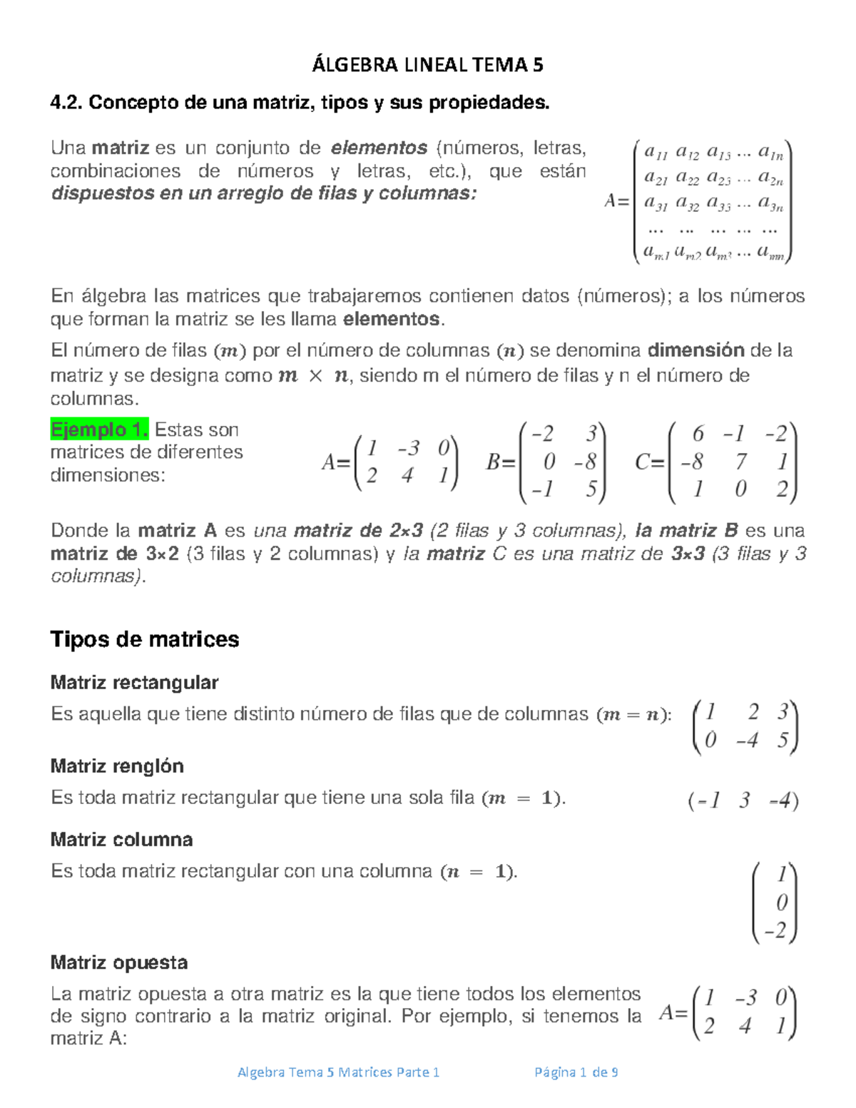 Tipos de Matrces Adjunta Iversa y Sol SEL - ¡LGEBRA LINEAL TEMA 5 ...