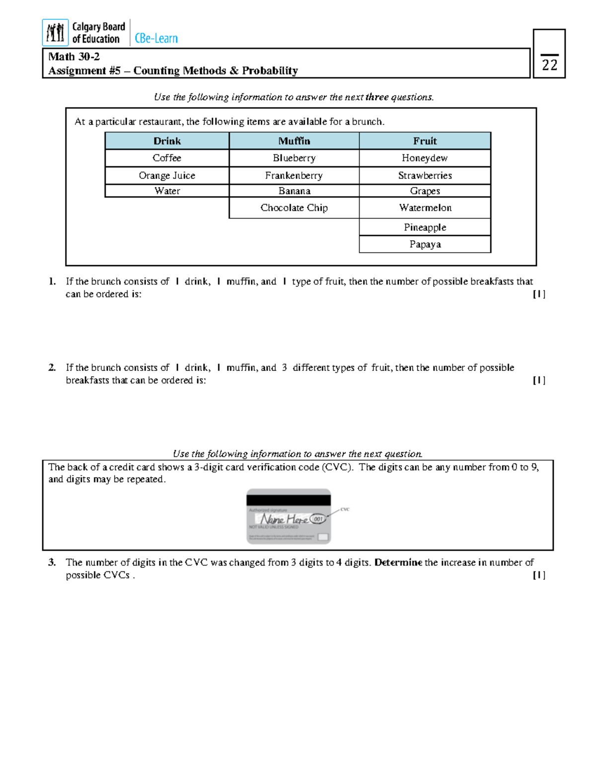 Summer Assignment #5 - Counting and Probability - Math 30- Assignment ...