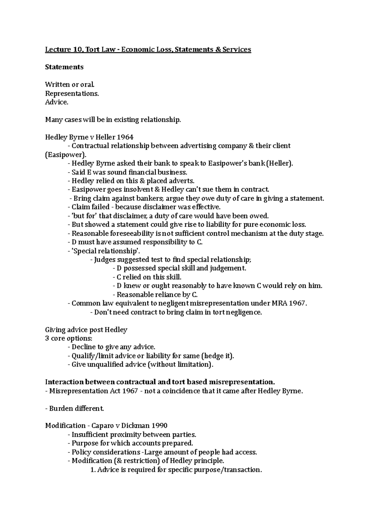 Lecture 10 Notes, Tort Law, Economic Loss - Lecture 10, Tort Law ...