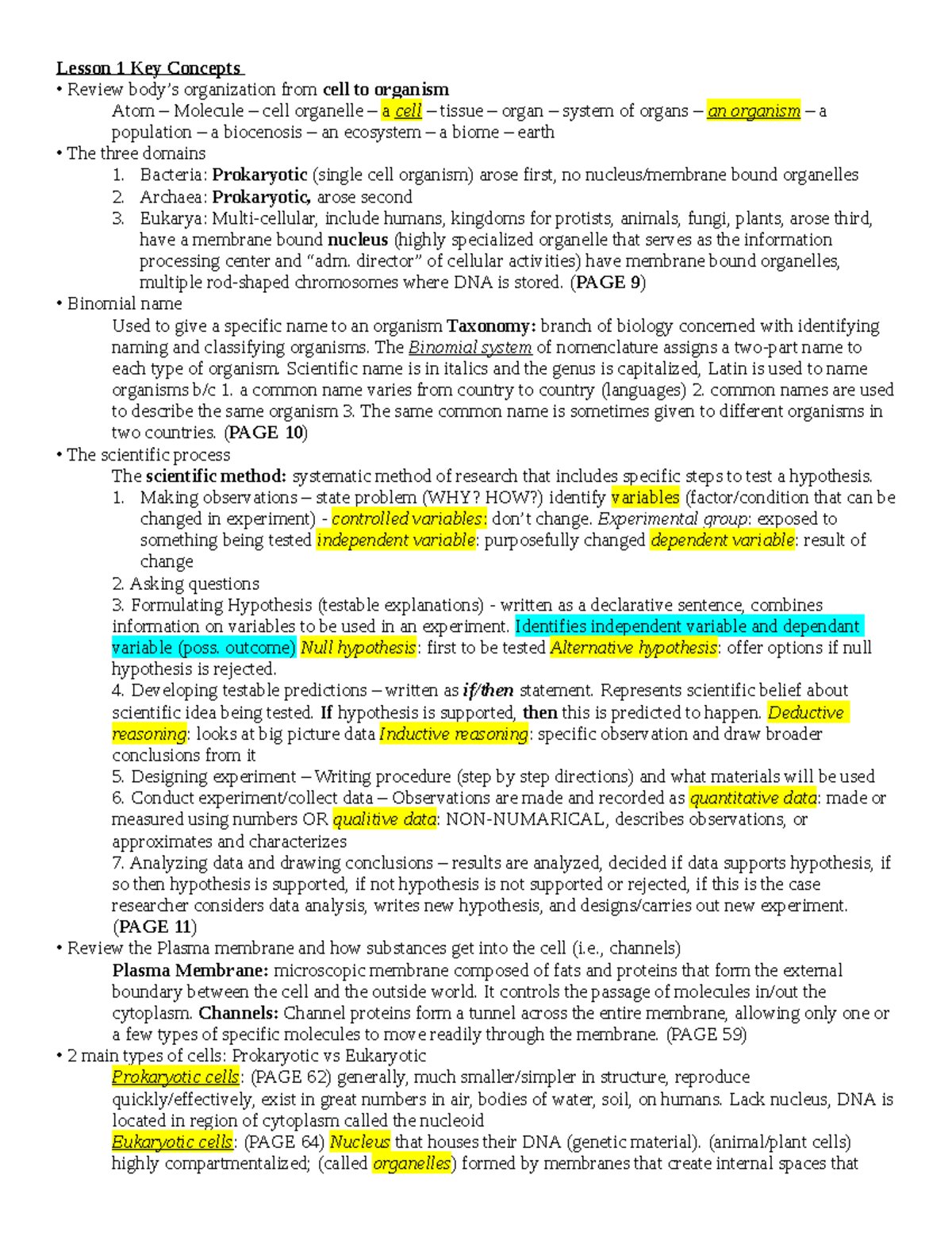 Biology Proctor Notes - Lesson 1 Key Concepts Review body’s ...