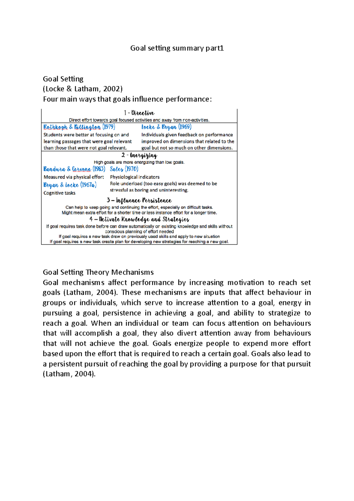 Goal summary full - Goal setting summary part1 Goal Setting (Locke ...