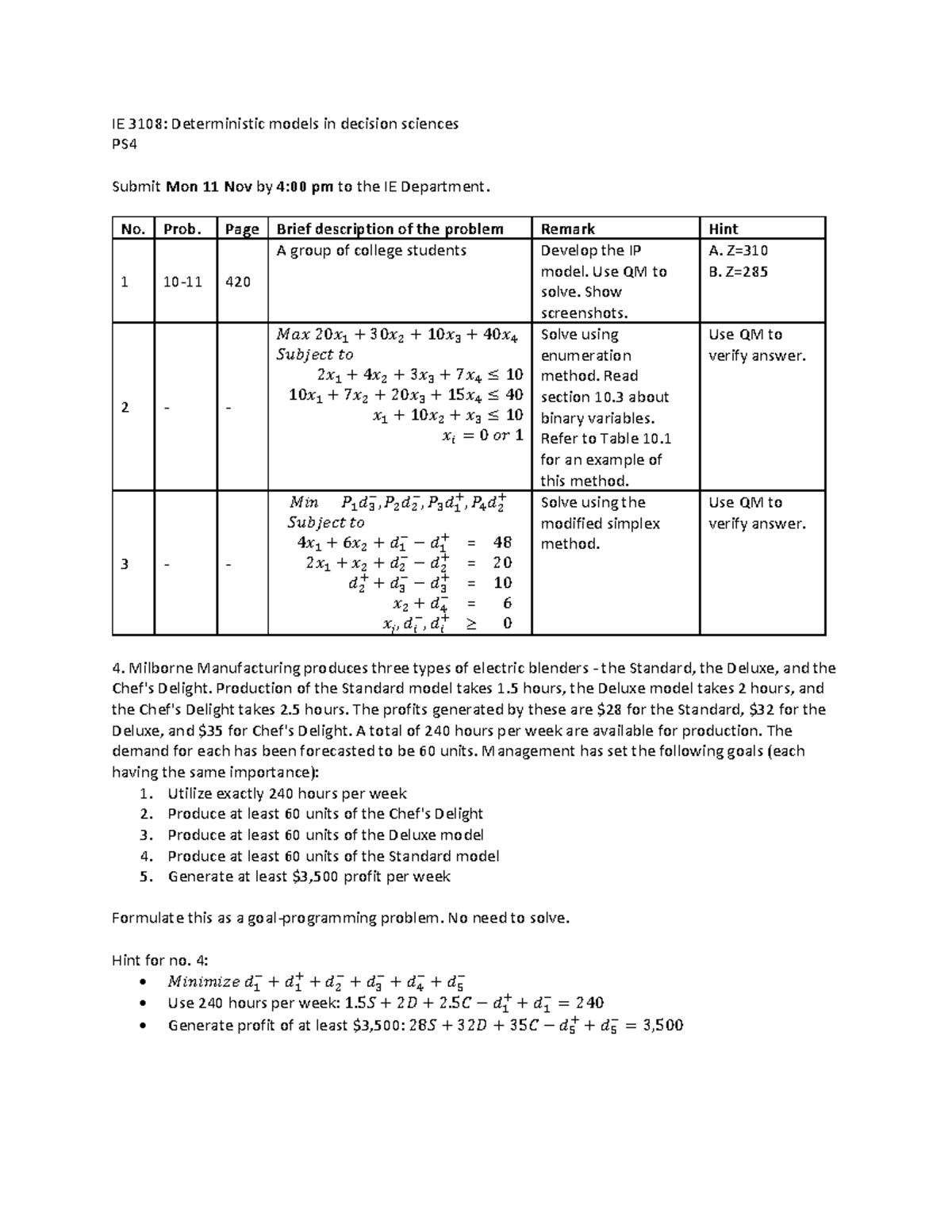 IE 3108 PS4 - rtyuio - IE 3108: Deterministic models in decision ...