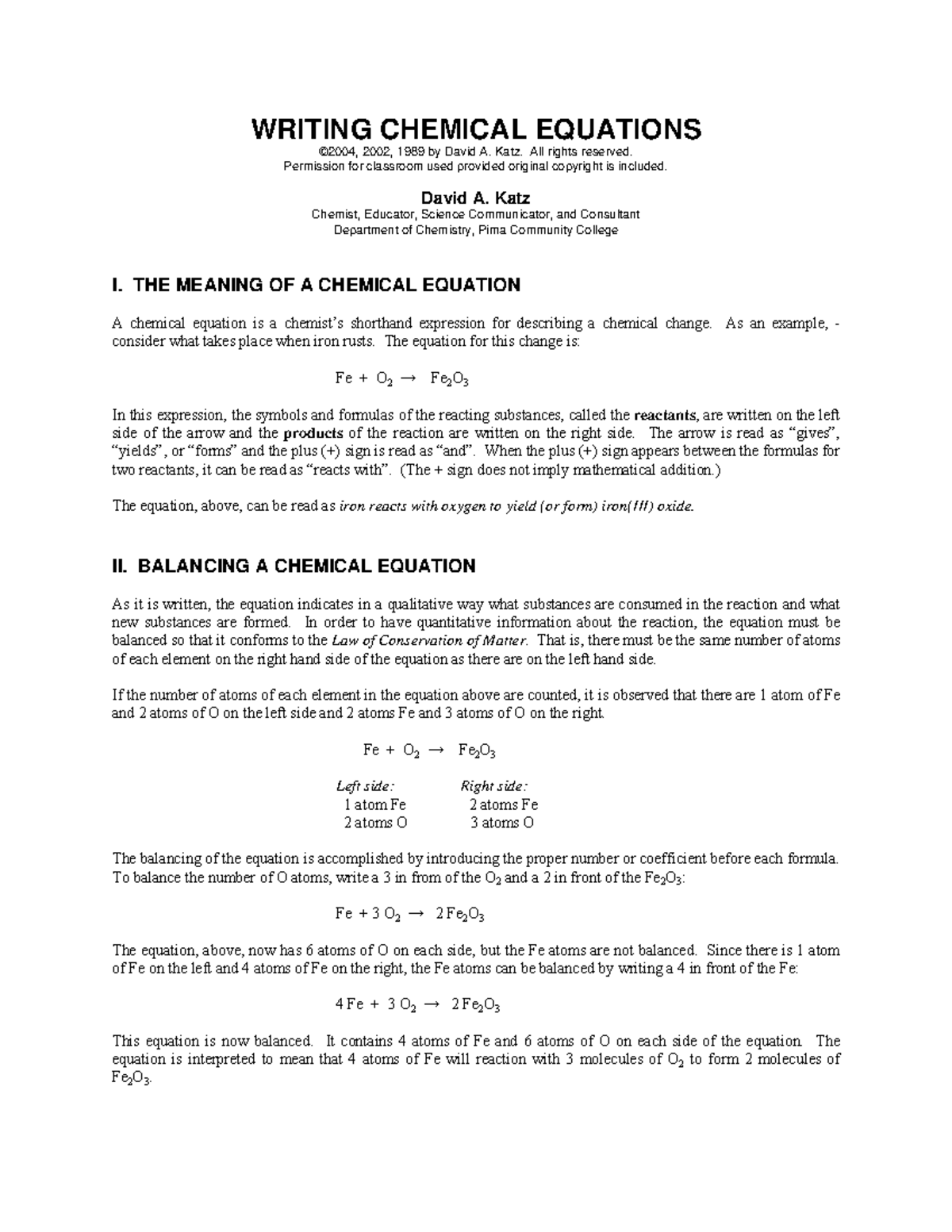 10 0 Balancing Chemical Equations WRITING CHEMICAL EQUATIONS 2004