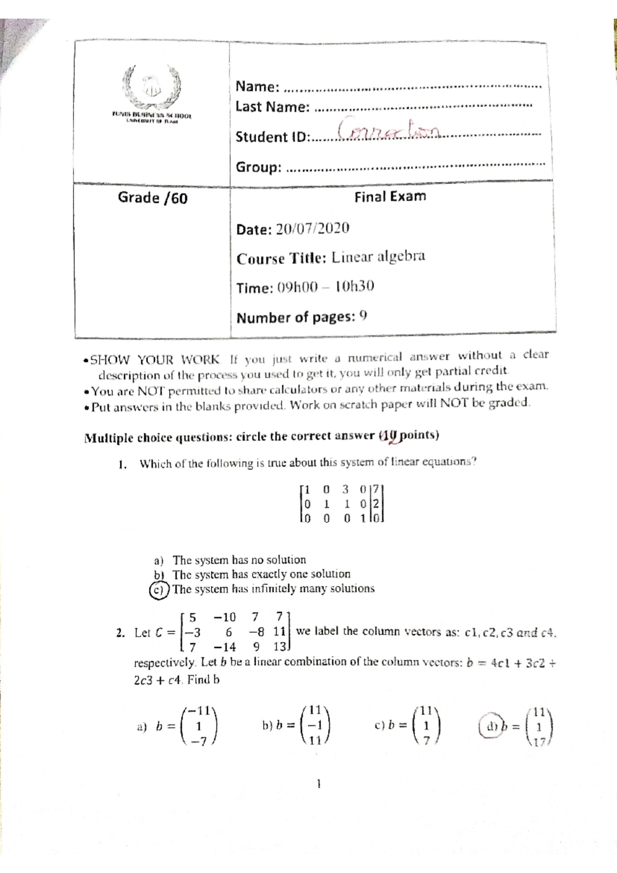 Linear algebra final 2021 - Studocu