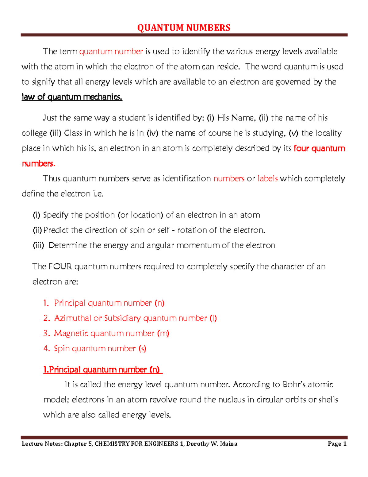 Lecture 4 Quantum Numbers - The term quantum number is used to identify ...