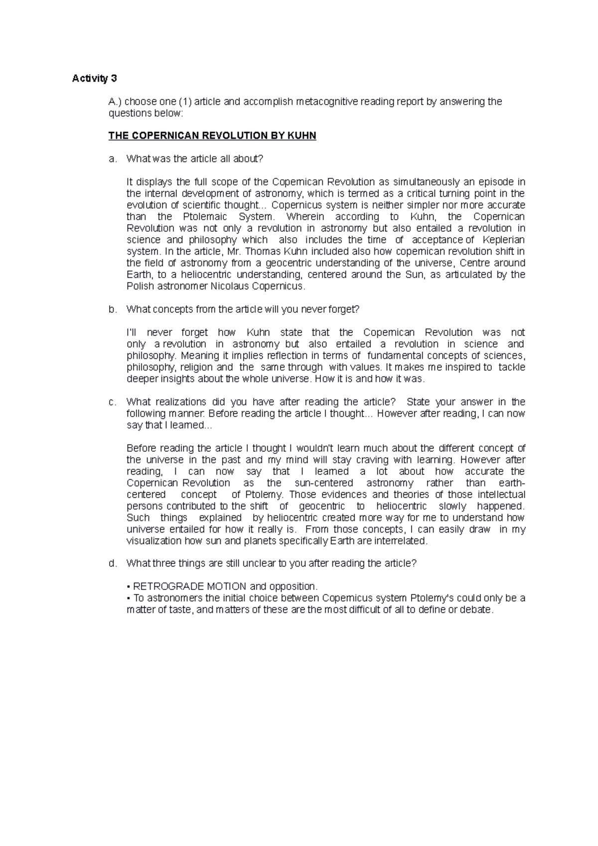 Activity 3 Sunshine Castillo - Activity 3 A.) choose one (1) article ...