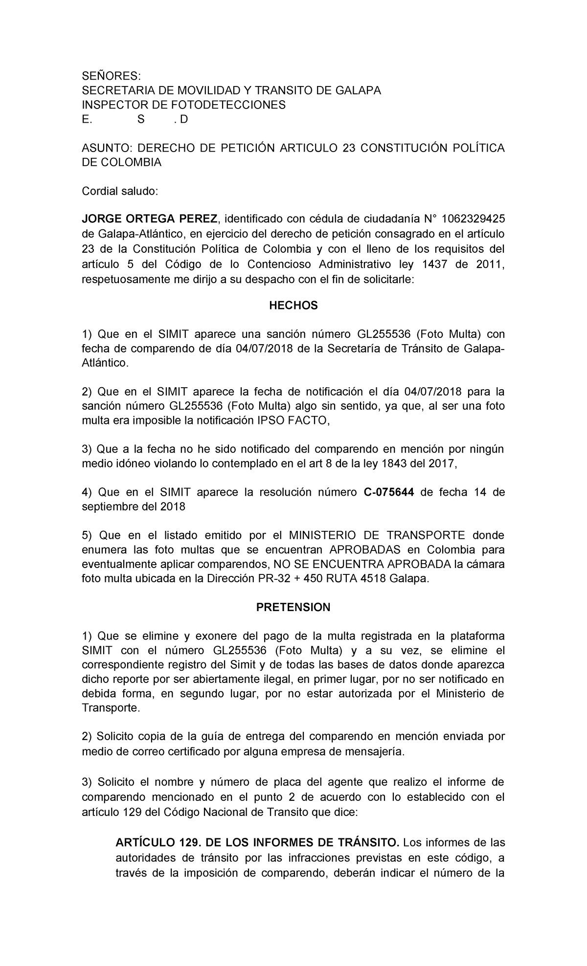 414521653 Modelo Derecho de Peticion Fotomultas - SEÑORES: SECRETARIA ...