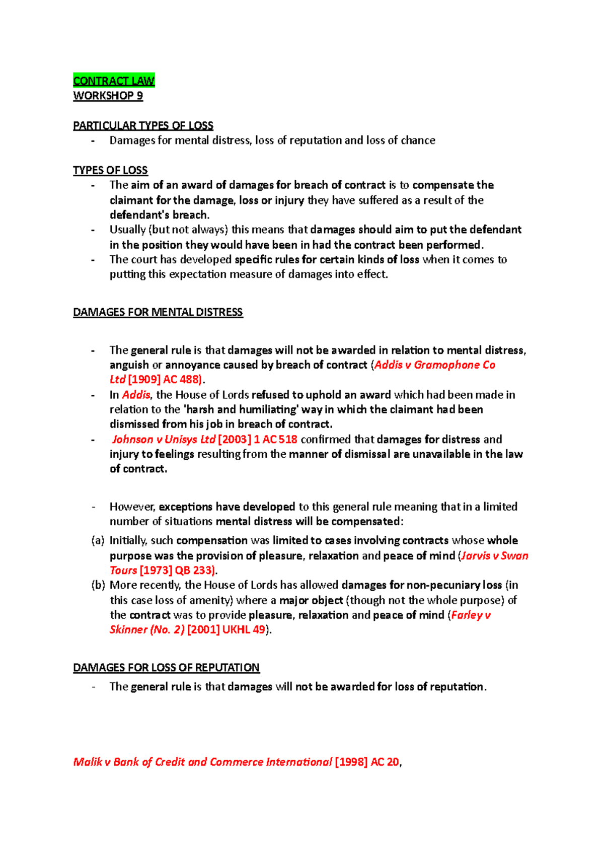 Particular Types OF LOSS - CONTRACT LAW WORKSHOP 9 PARTICULAR TYPES OF ...