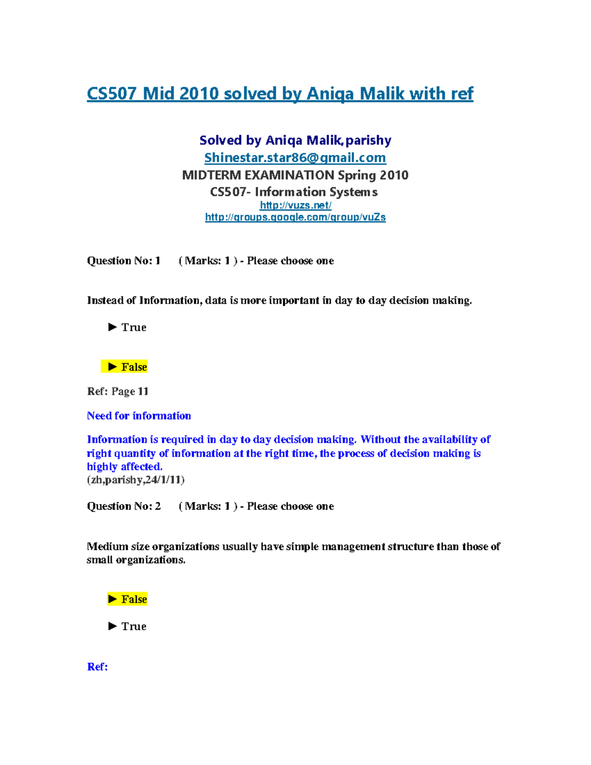CS507 Mid 2010 solved by Aniqa Malik with ref - google/group/vuZs Question No: 1 ( Marks: 1 ...