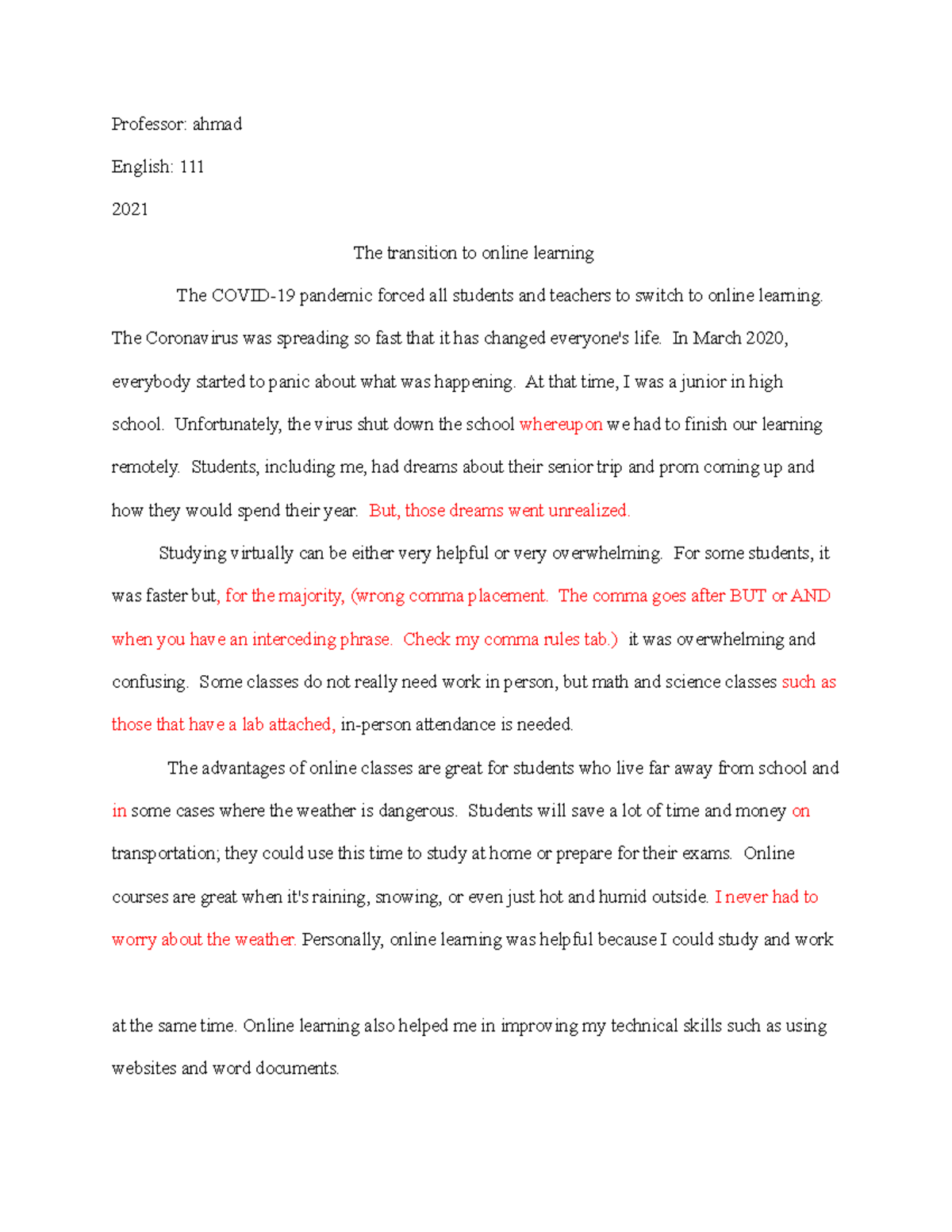 Teacher draft 1 edits - Professor: ahmad English: 111 2021 The ...