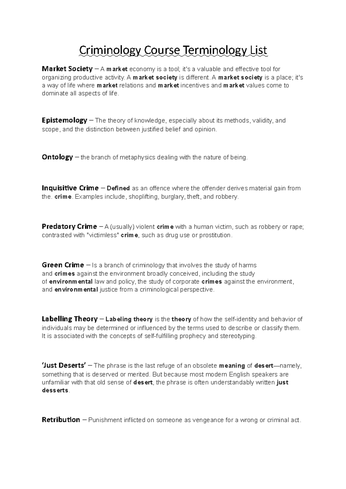 Criminology Course Terminology List A Market Society Is Different A