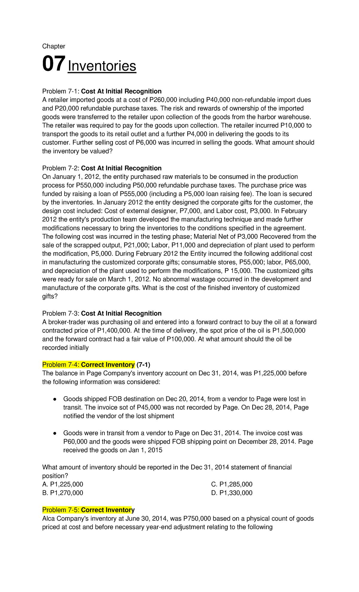 Problems Chapter 7 Inventories October 5 - Chapter 07 Inventories ...