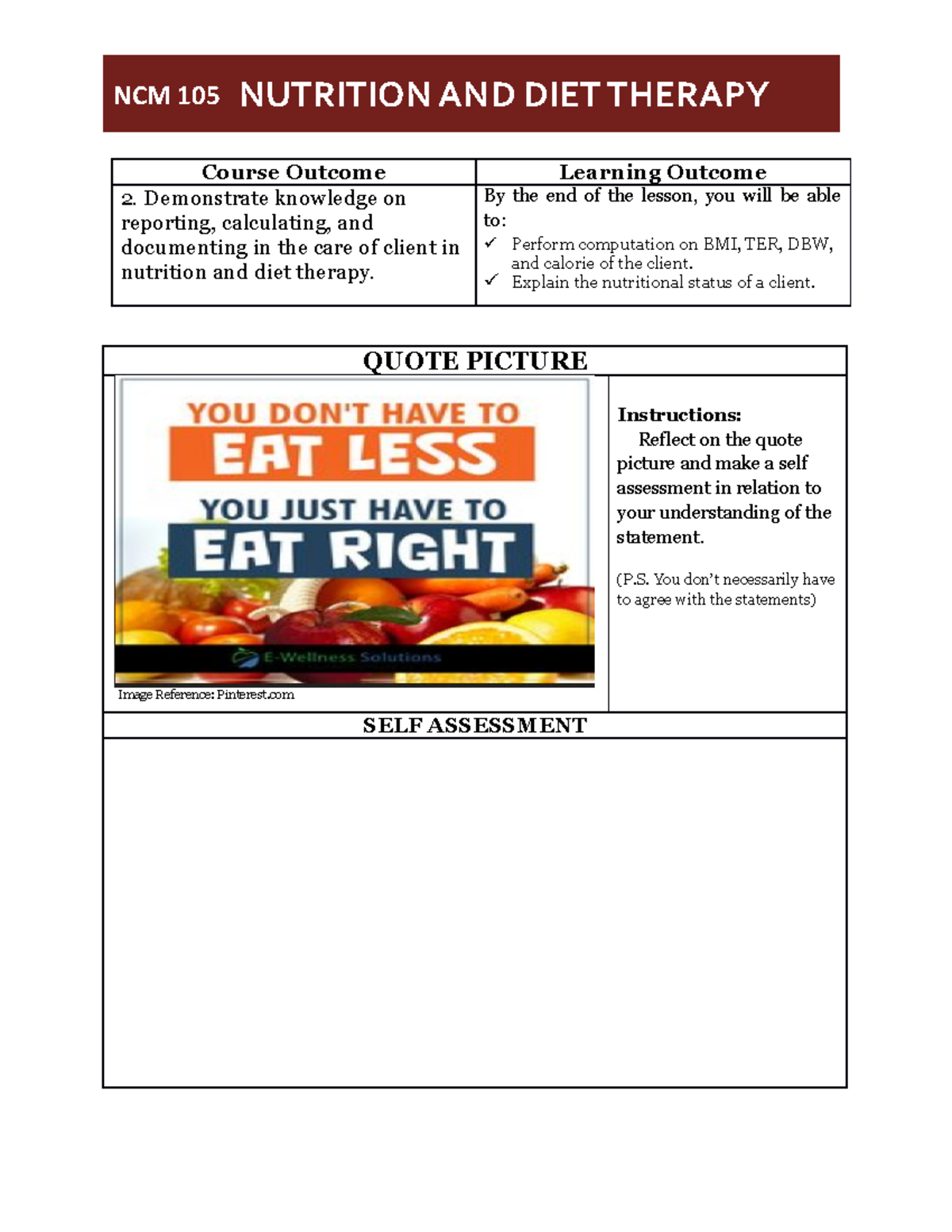 Nutri Lec Module 2 - Course Outcome Learning Outcome 2. Demonstrate ...