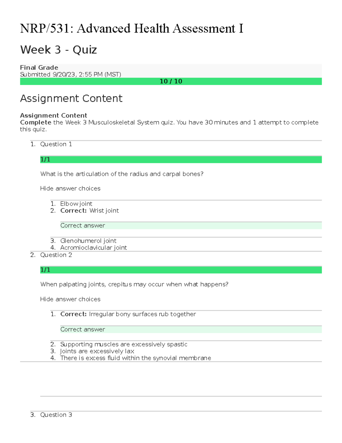 NRP 531 Week 3 Quiz - Week 3 Quiz - NRP/531: Advanced Health Assessment ...