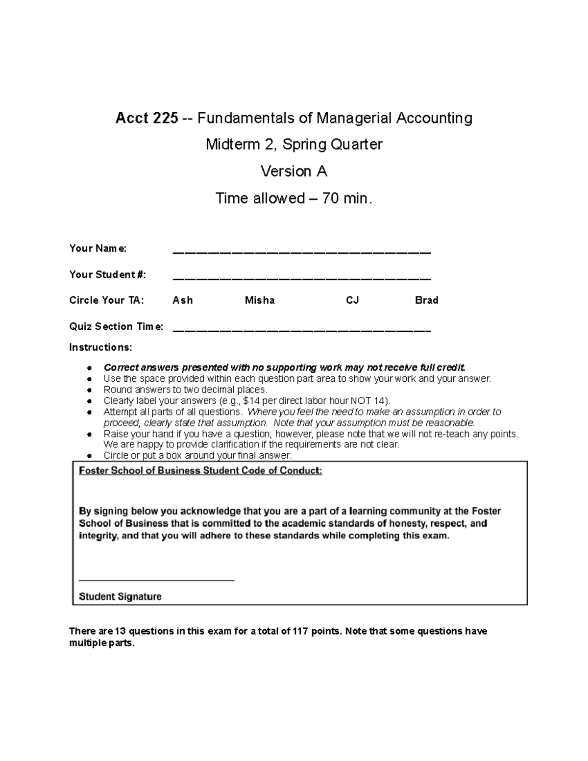 Midterm 2 - Acct 225 - Fundamentals of Managerial Accounting Midterm 2 ...