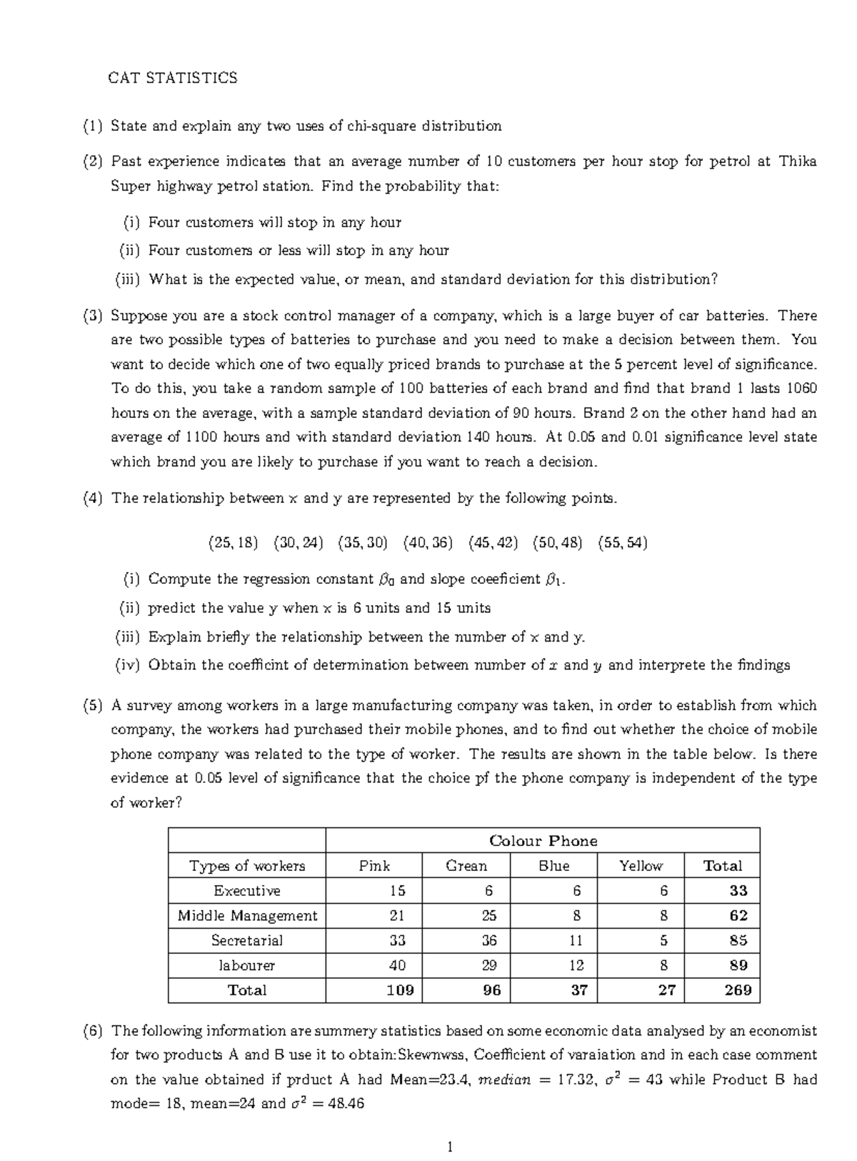 CAT Statistics FOR ECON 1 - CAT STATISTICS (1) State and explain any ...
