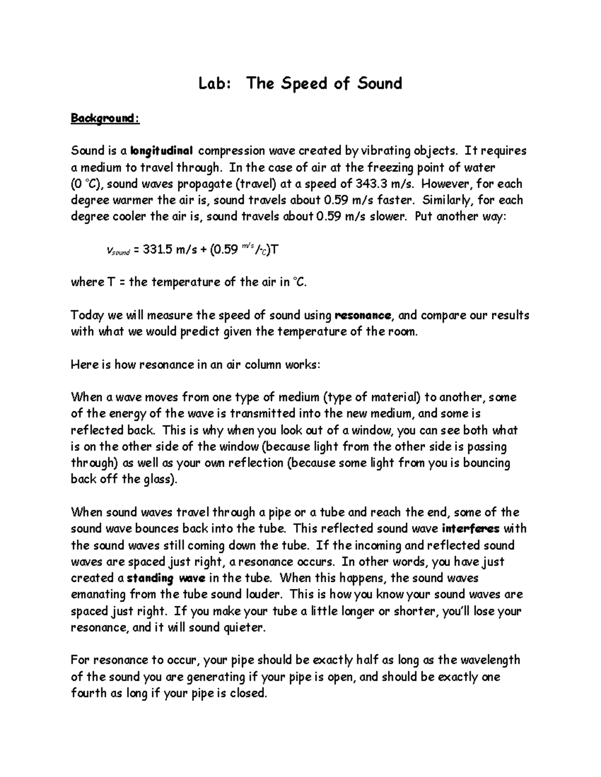 Lab - Speed of Sound - Lab: The Speed of Sound Background: Sound is a ...