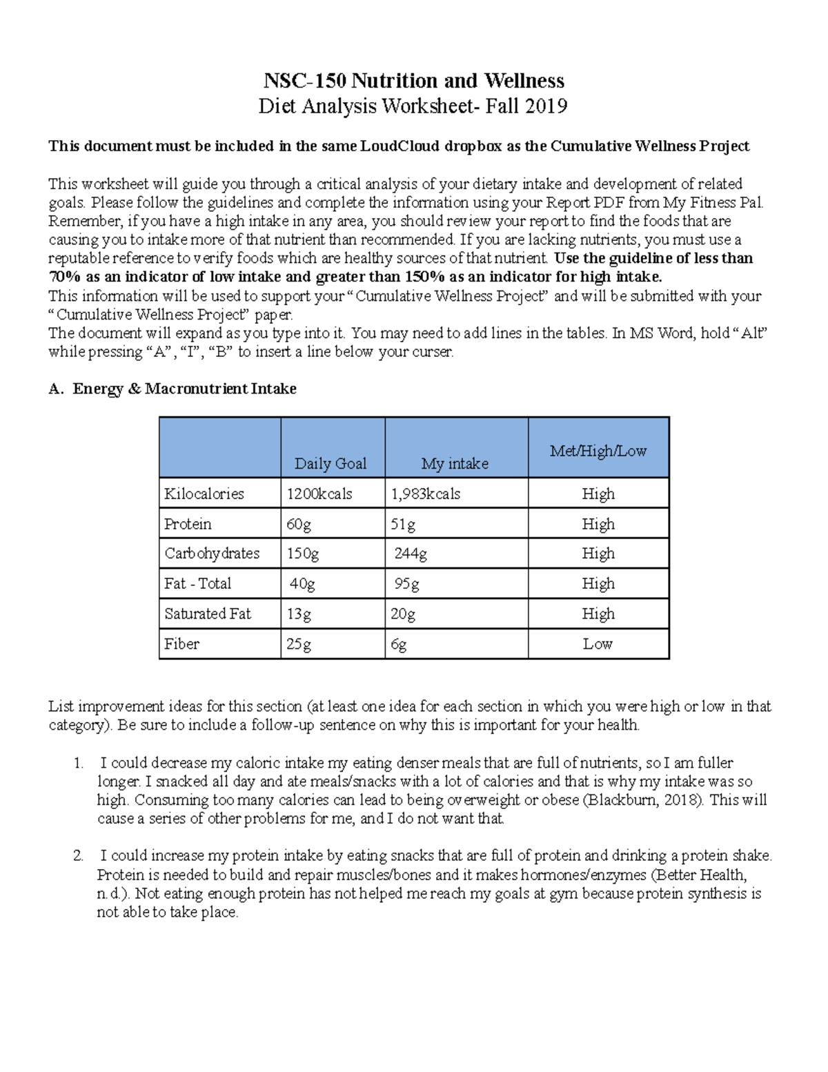 Dietary Analysis Worksheet - NSC-150 Nutrition and Wellness Diet ...