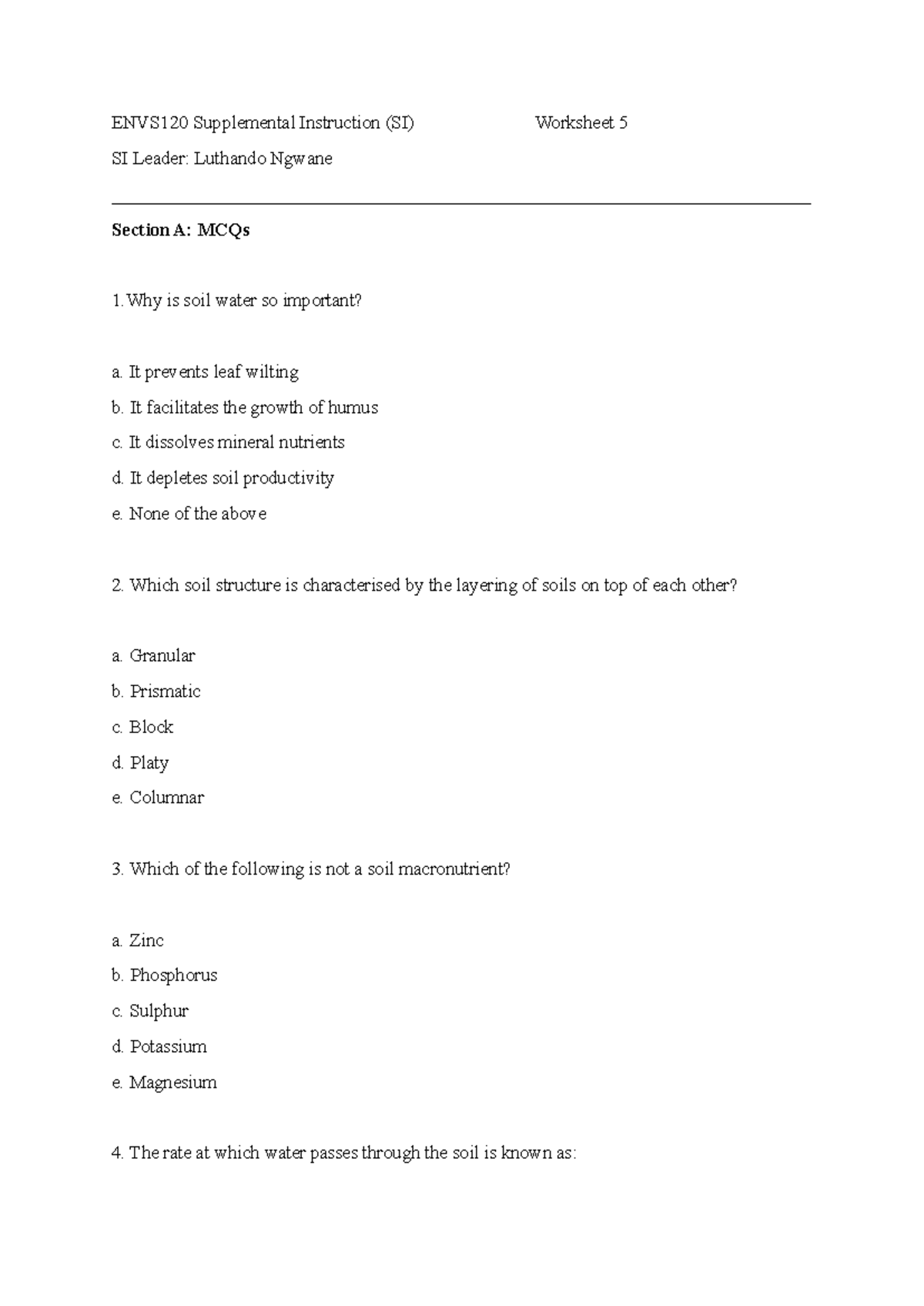 Worksheet 5- ENVS 120 SI Session - ENVS120 Supplemental Instruction (SI ...
