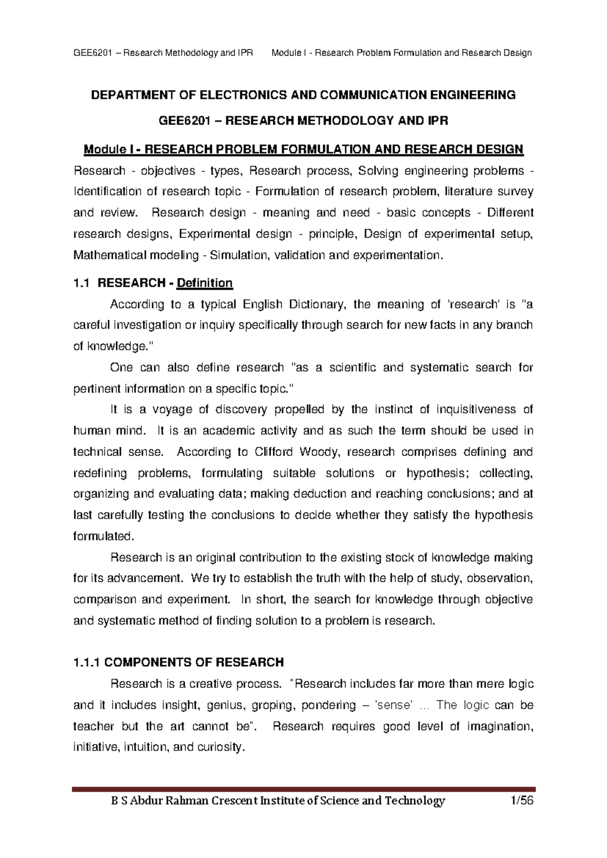 Module I - Research Problem Formulation and research Design ...