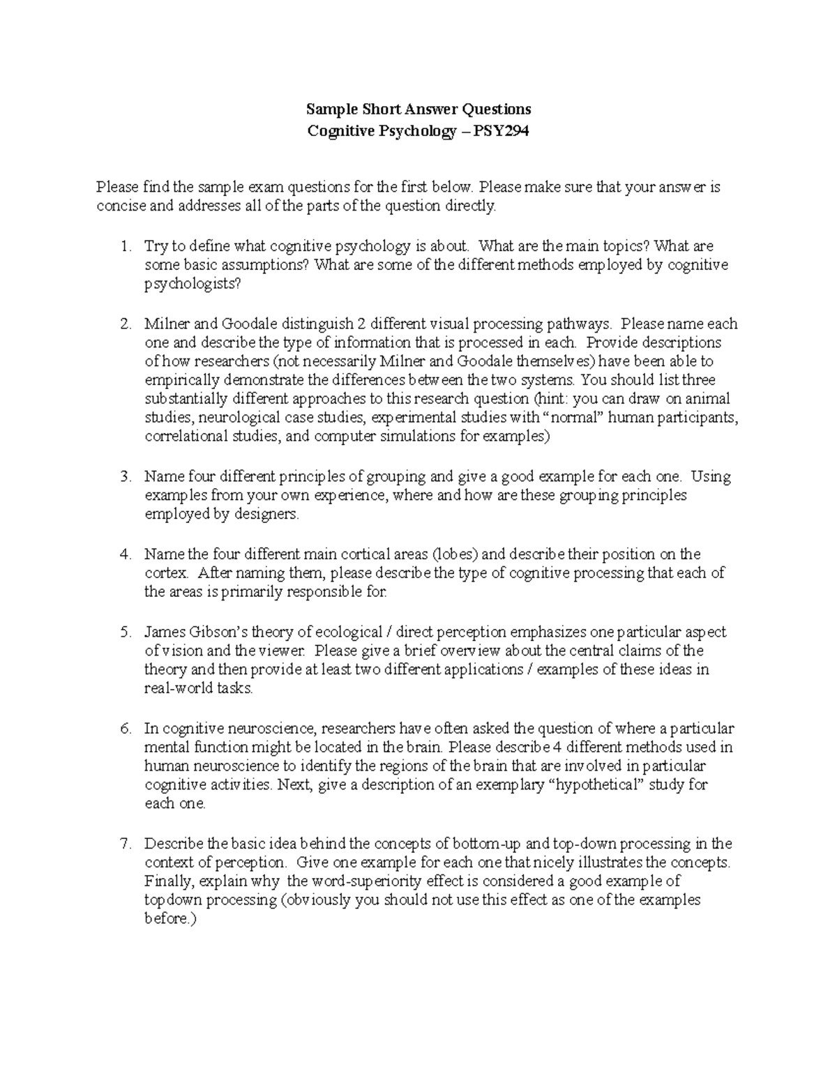 Sample essay based questions - Sample Short Answer Questions Cognitive ...