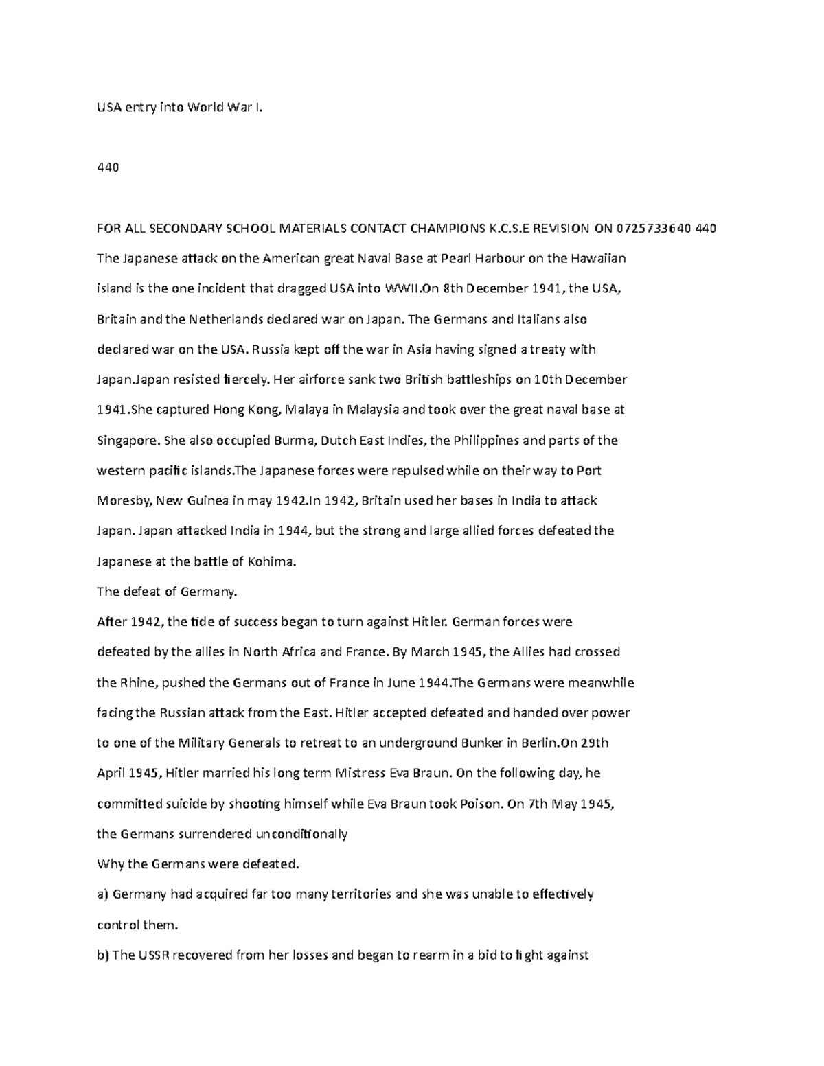 Notes 46 - USA entry into World War I. 440 FOR ALL SECONDARY SCHOOL ...