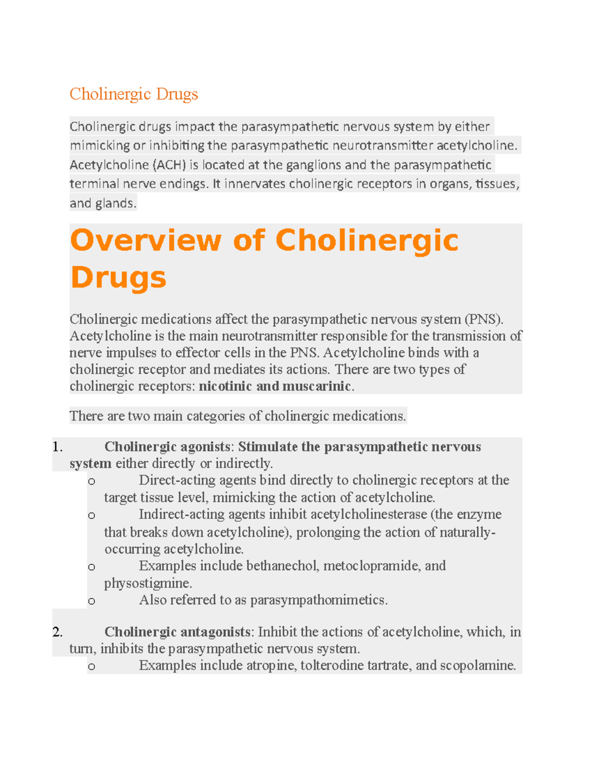 Pharm Cholinergic Drugs - Cholinergic Drugs Cholinergic drugs impact ...