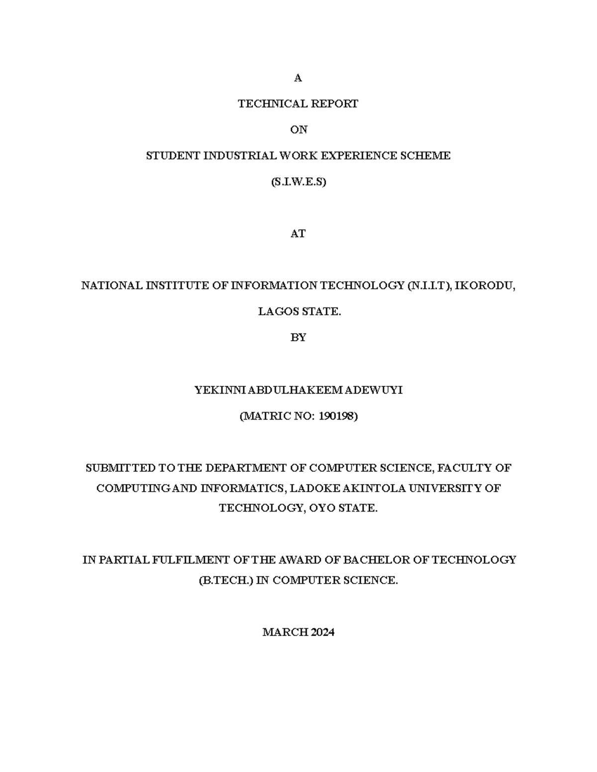 Report ON Student Industrial WORK Experience Scheme - A TECHNICAL ...