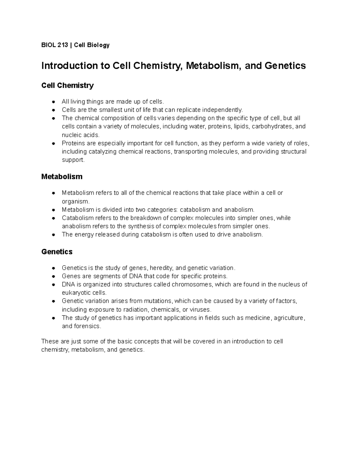 BIOL 213 - Cell Biology and Chemistry - BIOL 213 | Cell Biology Introduction to Cell Chemistry ...