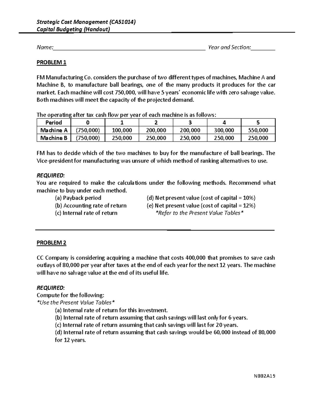 Strategic Cost Management (CA51014) Capital Budgeting (Handout/Exercise ...