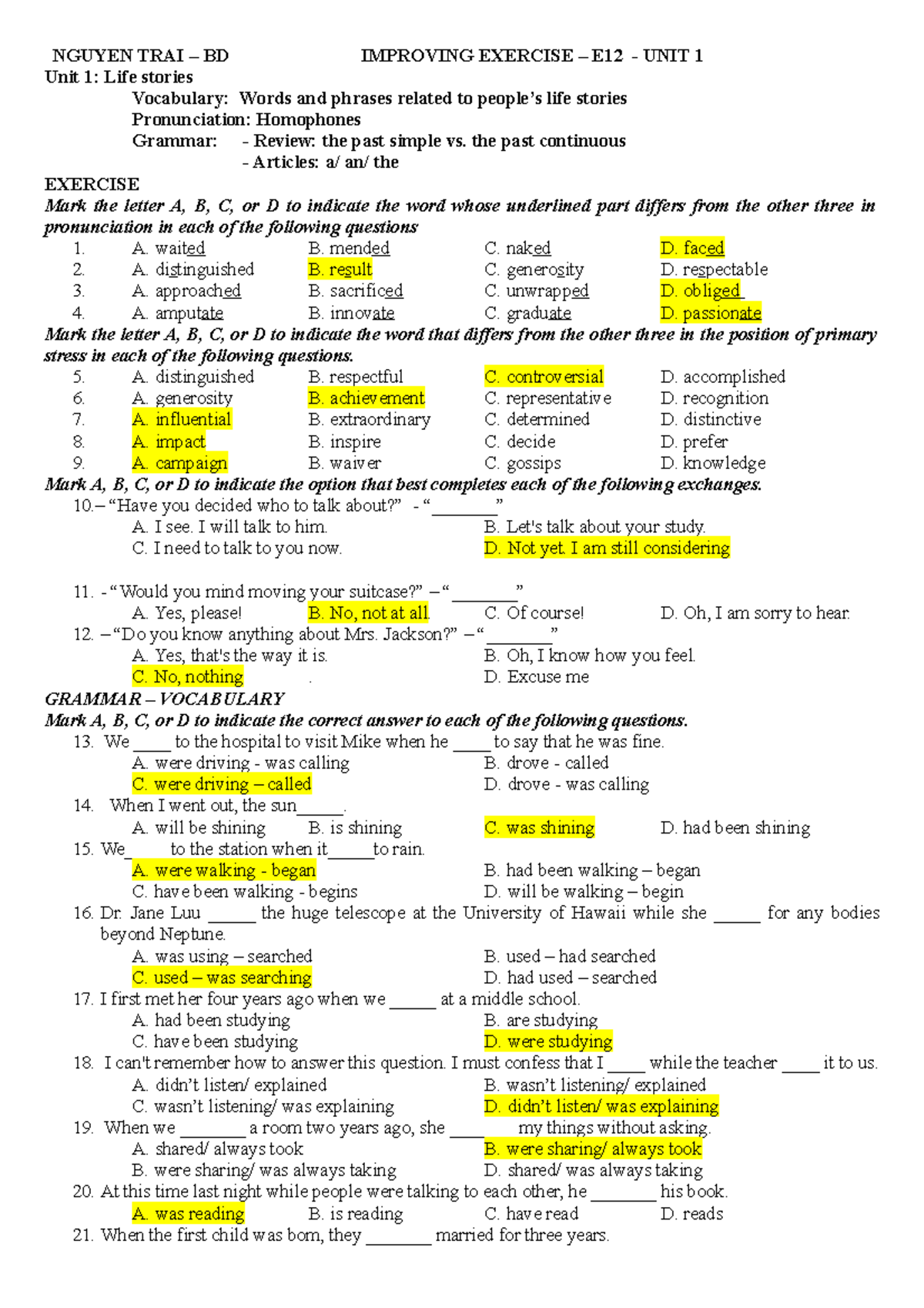 Improve-e12-u1 - Improve-e12-u1 - NGUYEN TRAI – BD IMPROVING EXERCISE – E12 - UNIT 1 Unit 1 ...
