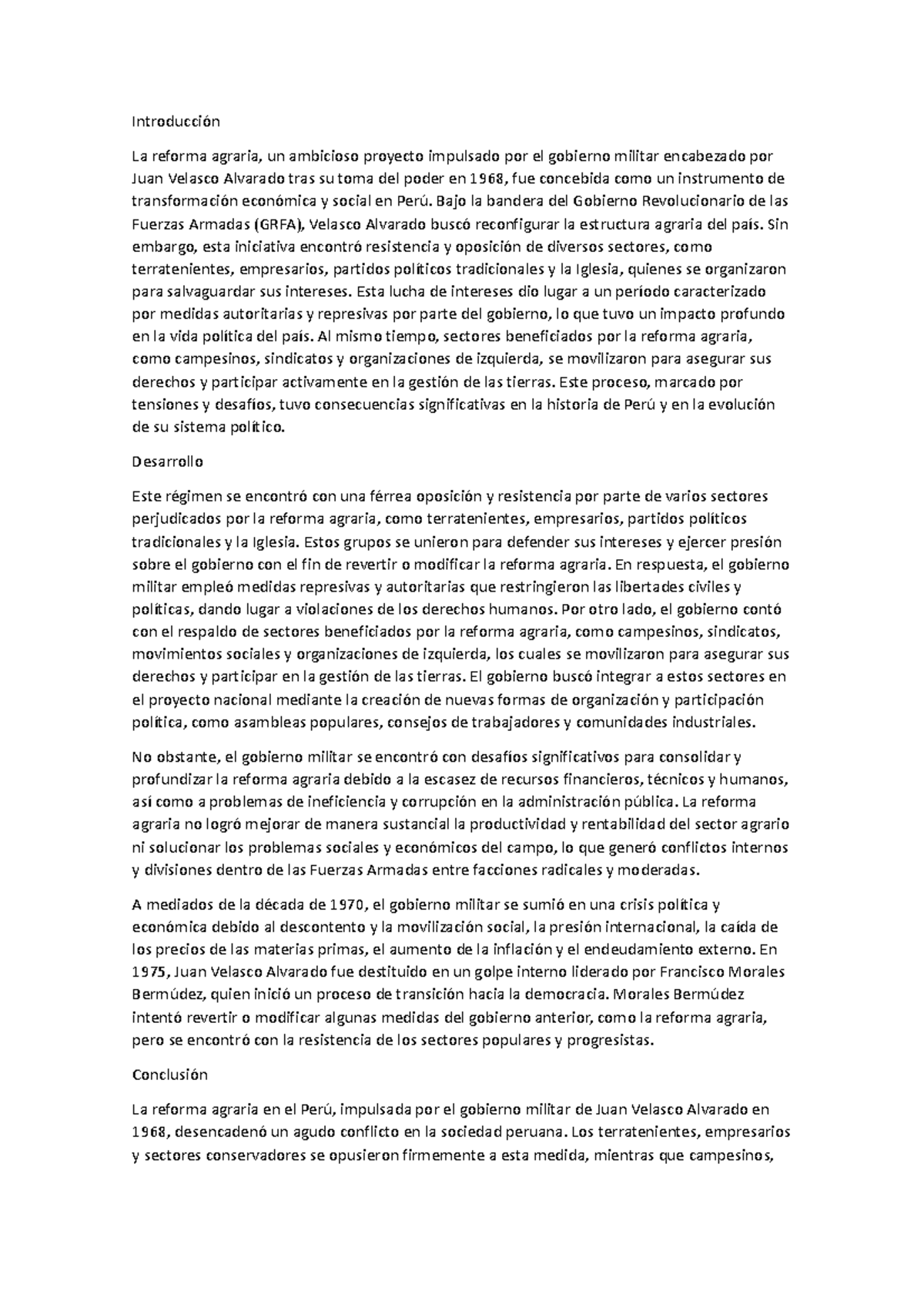 Ensayo de derechos humanos - Introducción La reforma agraria, un ...