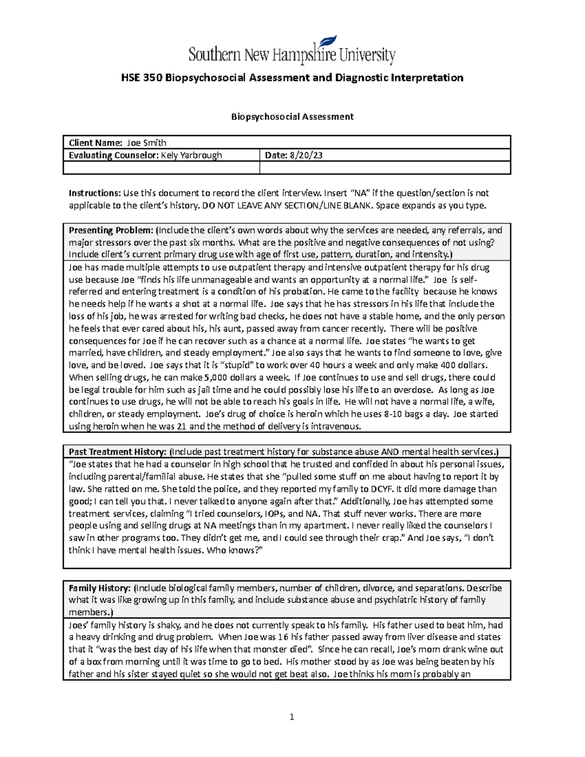 HSE 350 Biopsychosocial Assessment and Diagnostic Interpretation final ...