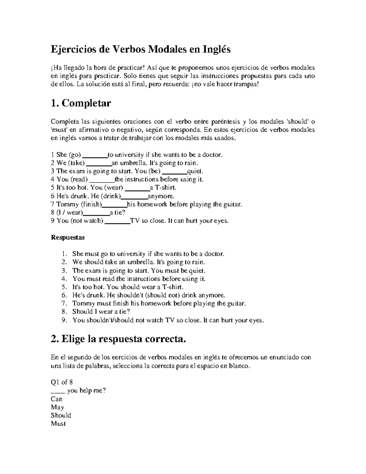 Ejercicios (con soluciones) modal verbs - Ejercicios de Verbos Modales en Inglés ¡Ha llegado la ...