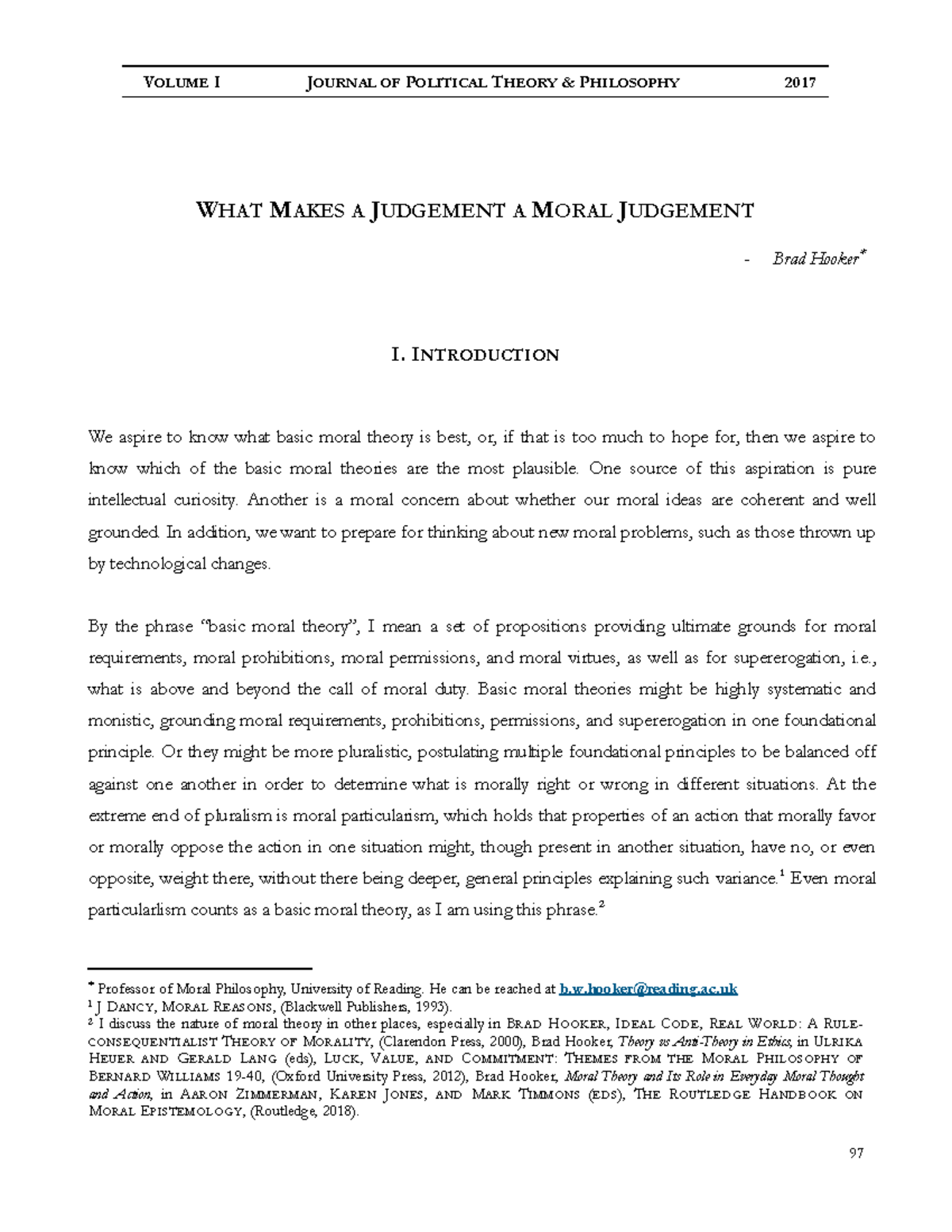What Makes a Judgement a Moral Judgement - VOLUME I JOURNAL OF ...
