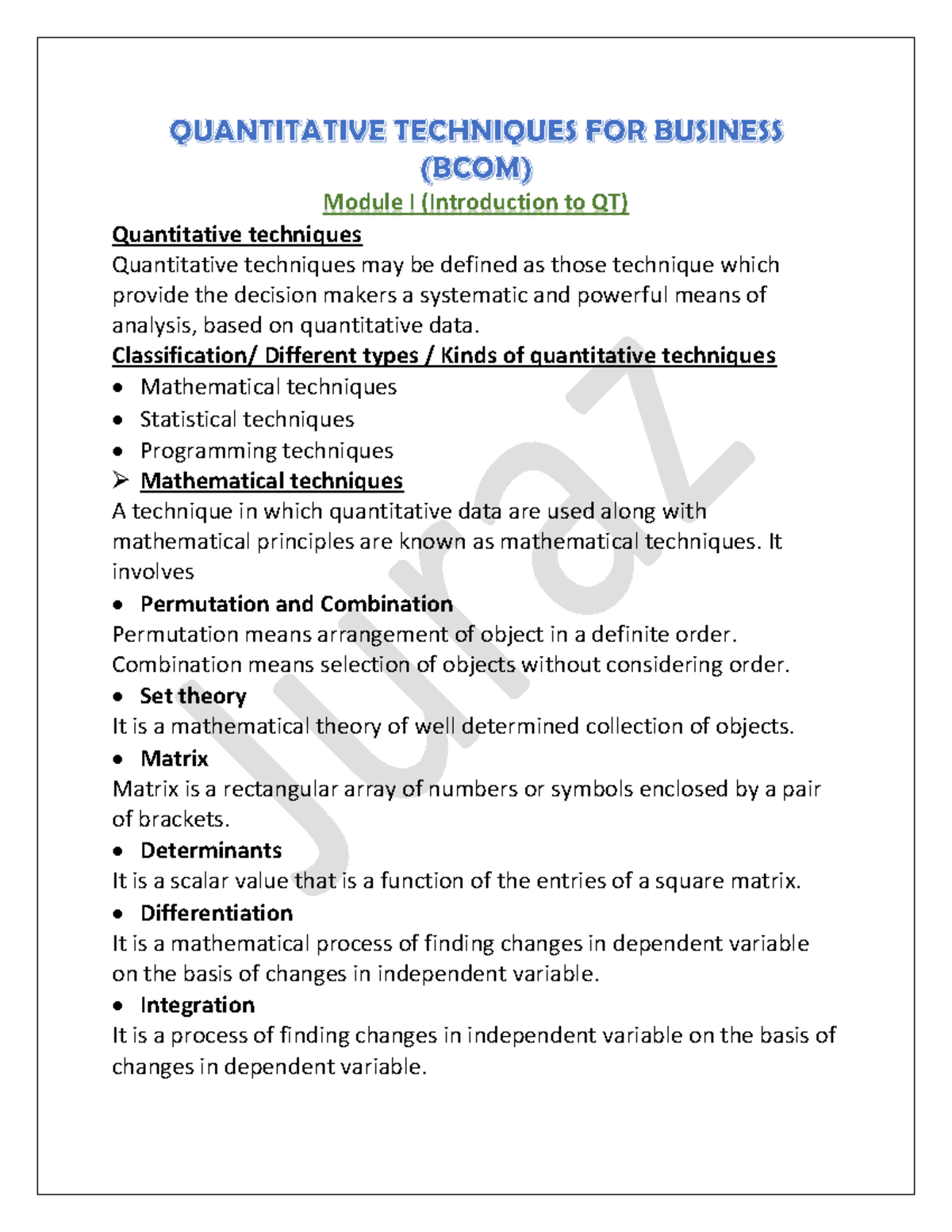 Qt Juraz Bcom Summary Quantitative Statistical Techniques Module I Introduction To Qt 
