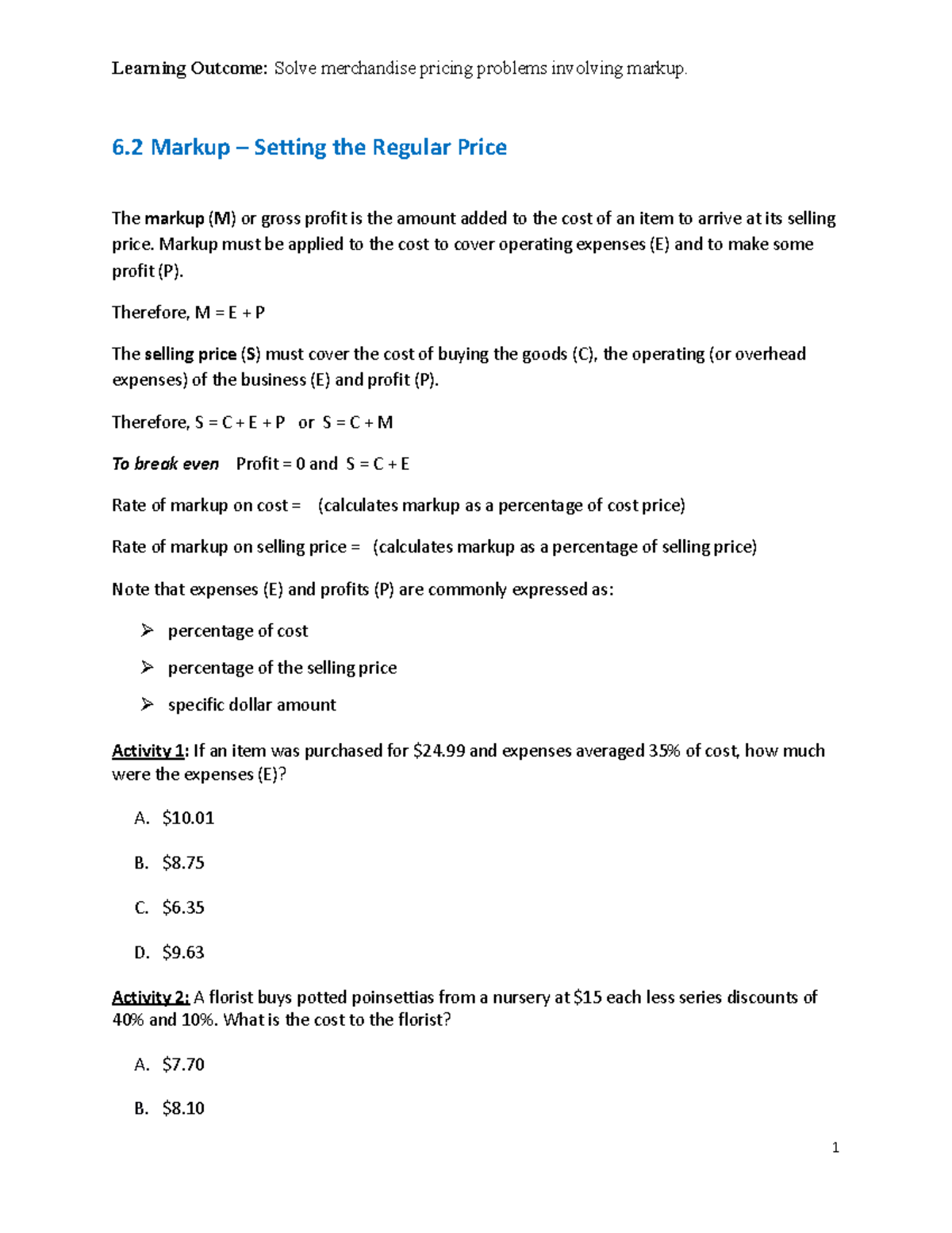 6.2 Markup - Mathe Lab work - Learning Outcome: Solve merchandise ...