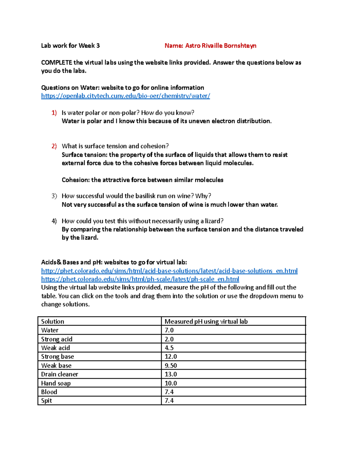 Lab week 3 - pH lab - Lab work for Week 3 Name: Astro Rivaille ...
