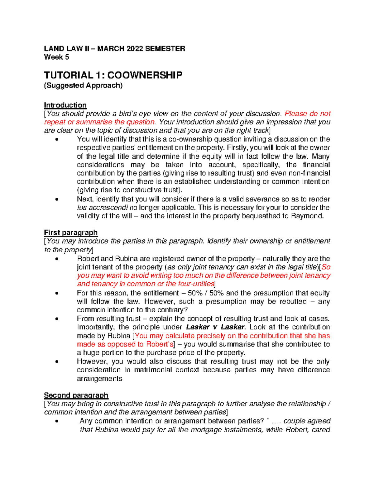 Land Tutorial 1 (WEEK 5) CO- Ownership ( Suggested Approach) - LAND LAW II – MARCH 2022 SEMESTER ...