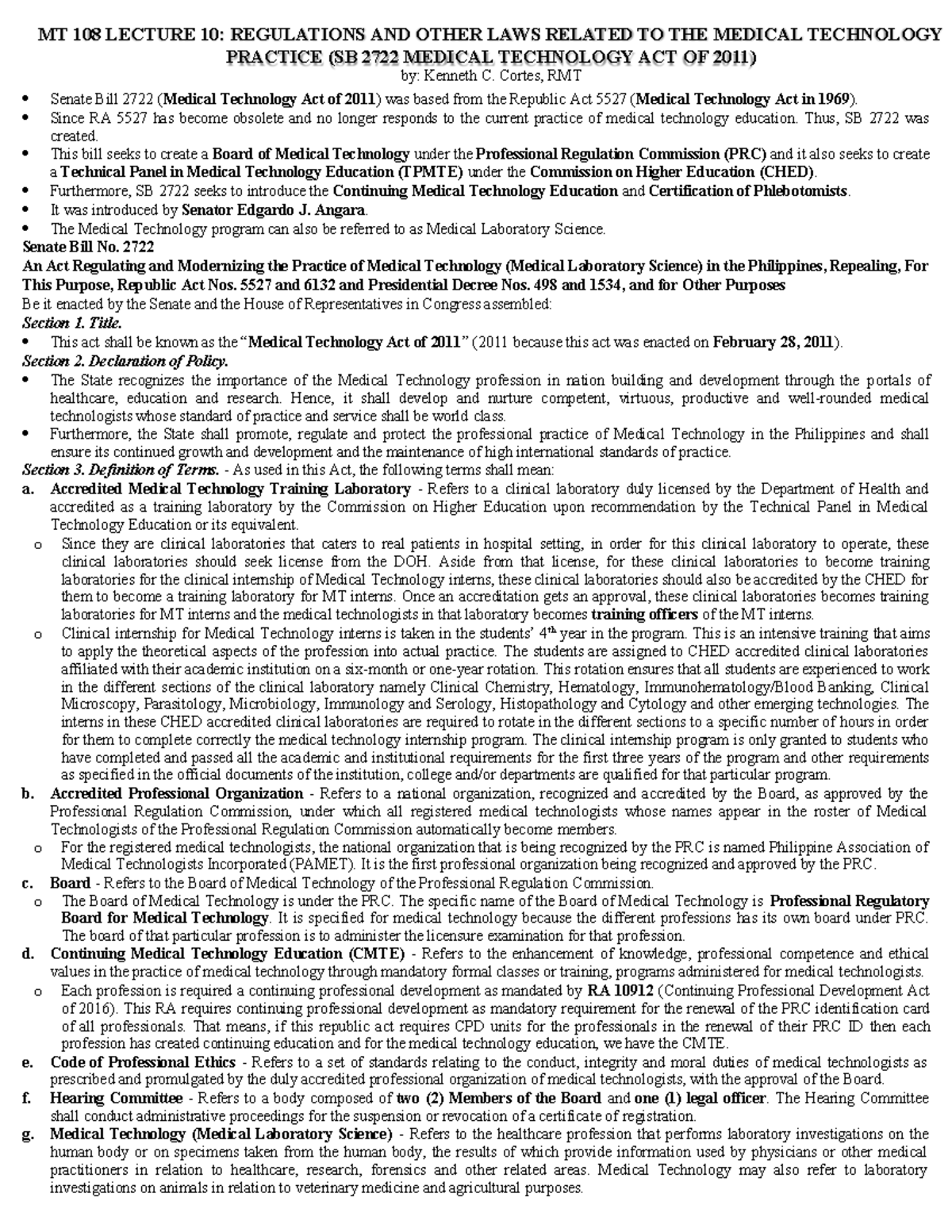 MT LAWS Finals - MT 108 LECTURE 10: REGULATIONS AND OTHER LAWS RELATED TO THE MEDICAL TECHNOLOGY ...