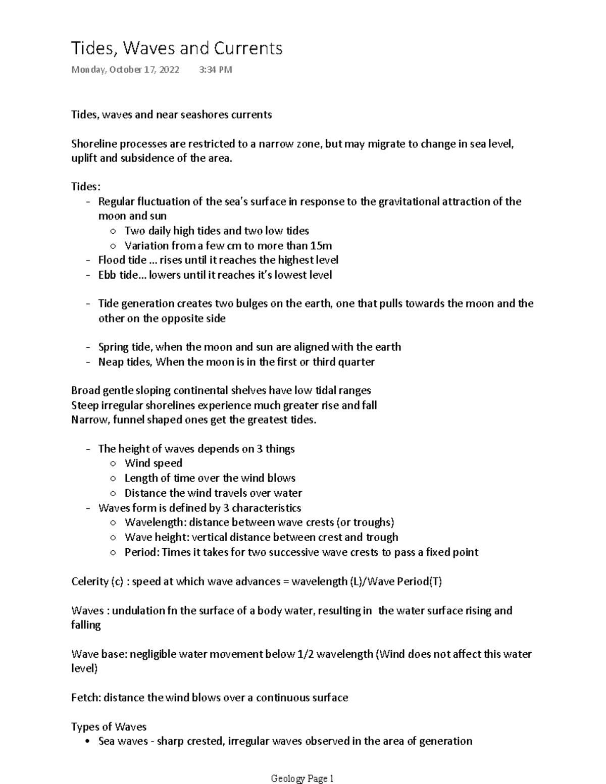 Geology 12 - Tides - Tides, waves and near seashores currents Shoreline ...