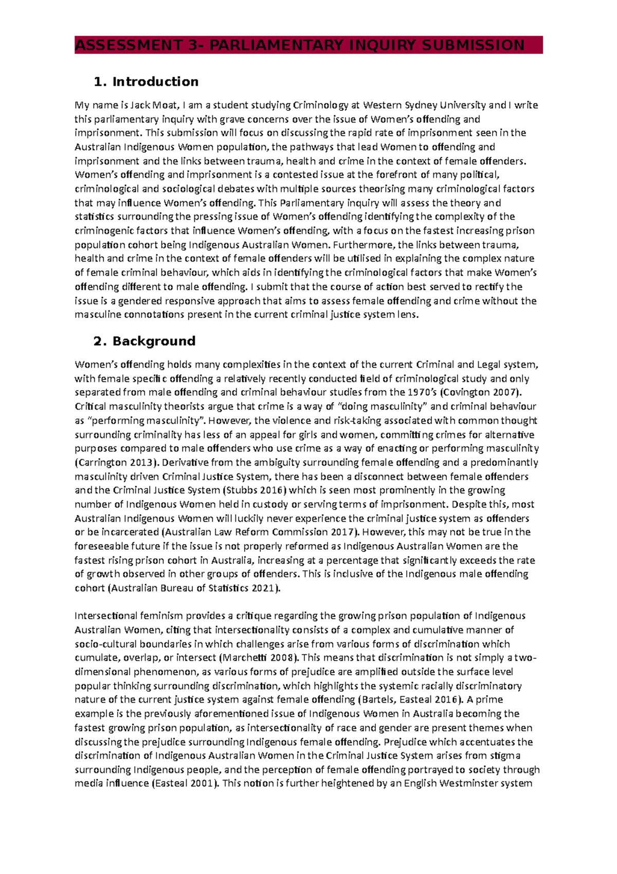 Women's Offending Parliamentary Inquiry - 1. Introduction My name is ...