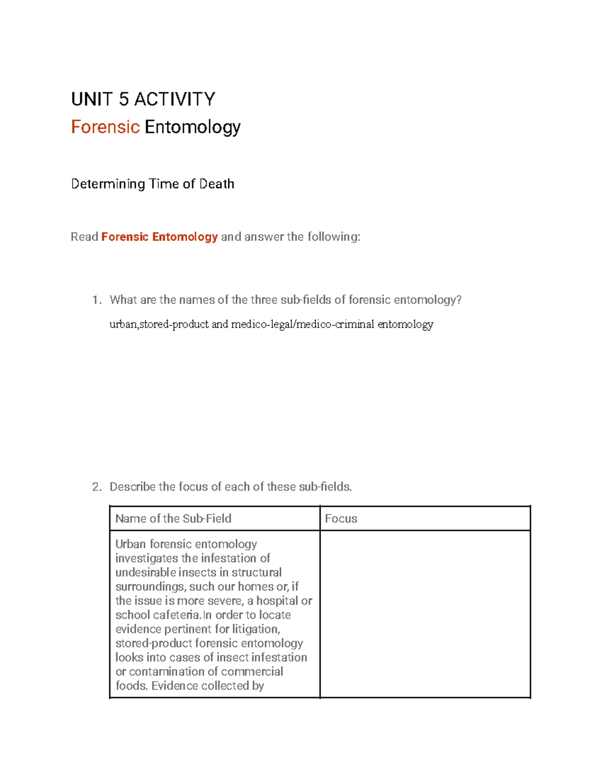 Copy of UNIT 5 Activity - UNIT 5 ACTIVITY Forensic Entomology ...