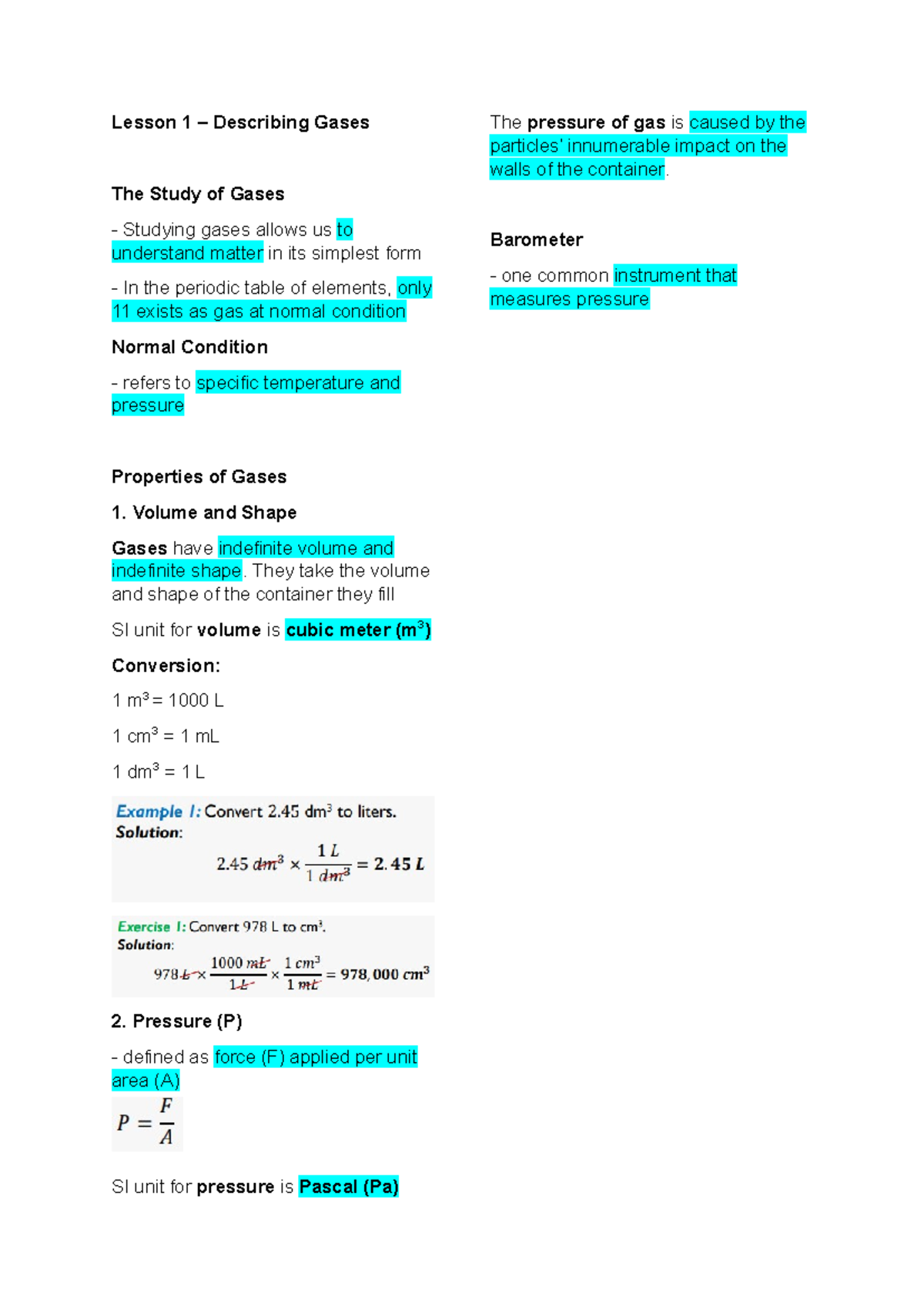 Describing Gases - Lesson 1 – Describing Gases The Study of Gases ...