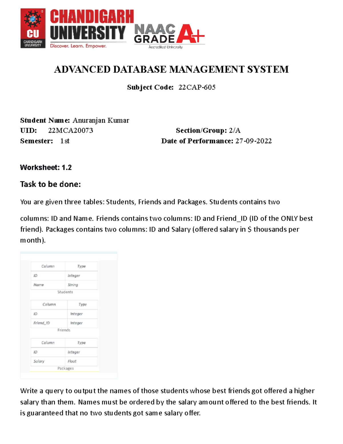 DBMS Worksheet 1 - ADVANCED DATABASE MANAGEMENT SYSTEM Subject Code ... DBMS Worksheet 1 - ADVANCED DATABASE MANAGEMENT SYSTEM Subject Code ...