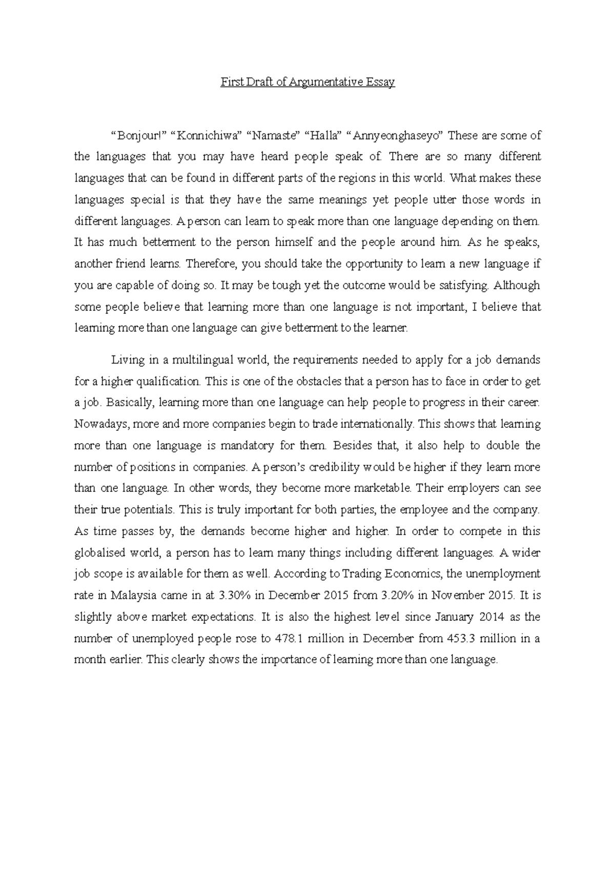 Argumentative Essay - First Draft of Argumentative Essay “Bonjour ...