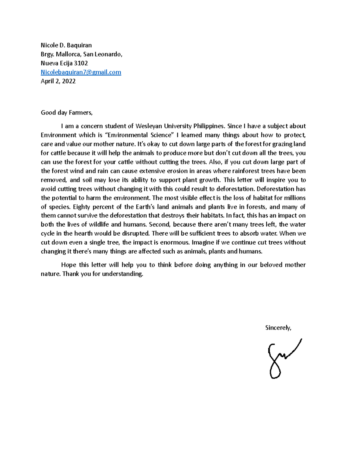 Letter FOR Farmer - Nicole D. Baquiran Brgy. Mallorca, San Leonardo ...