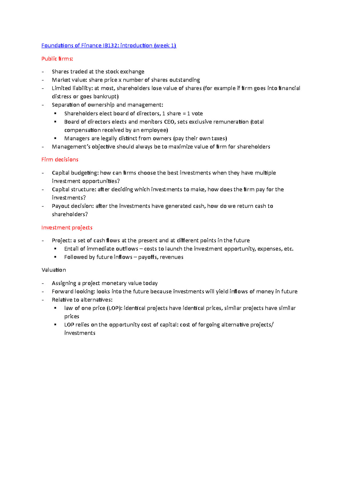 Week 1, introduction - Foundations of Finance IB132: introduction (week 1) Public firms: Shares ...