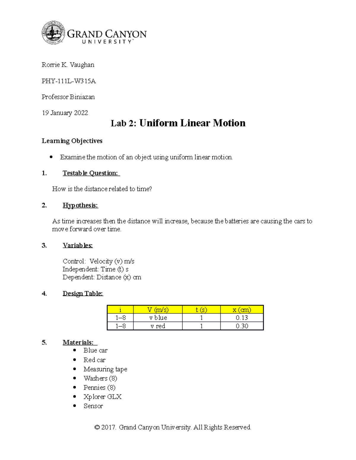 Lab2 PHY-111L Uniform Linear Motion - Rorrie K. Vaughan PHY-111L-W315A ...
